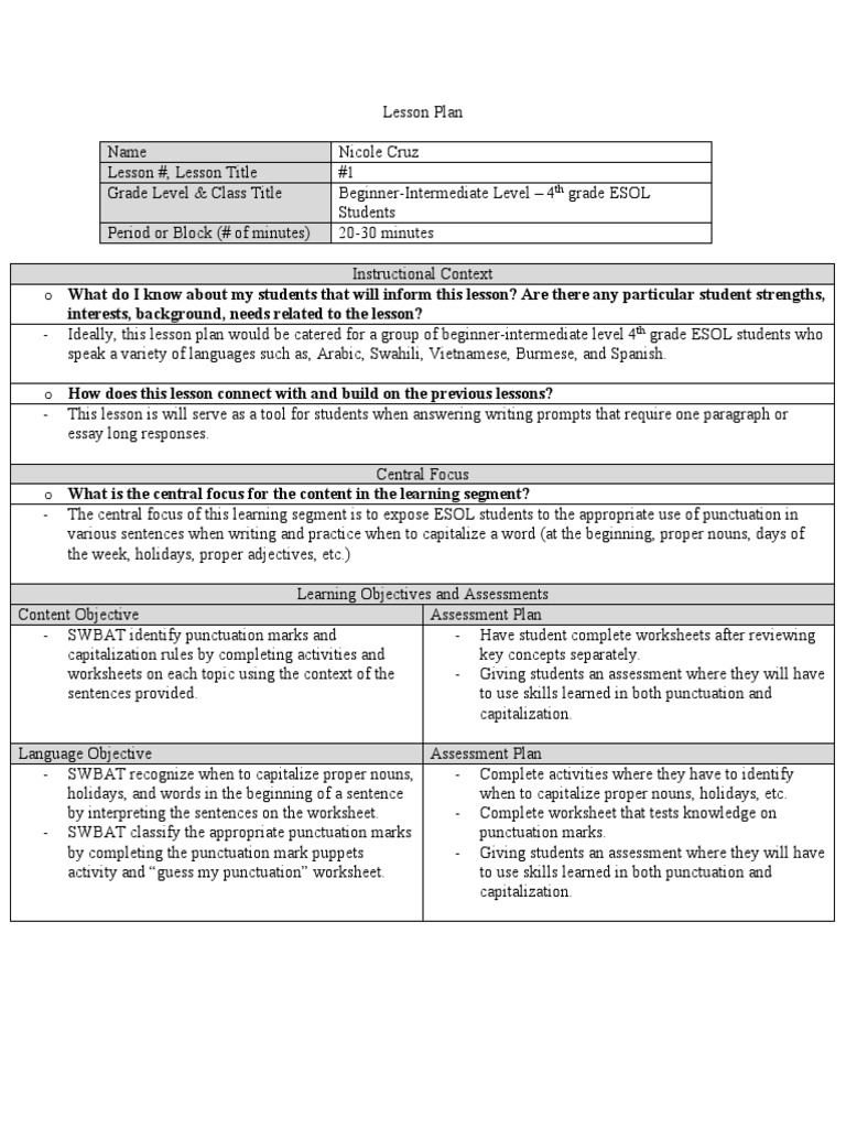 Nicole Cruz - Model Lesson Plan 1 | PDF | Punctuation | Lesson Plan