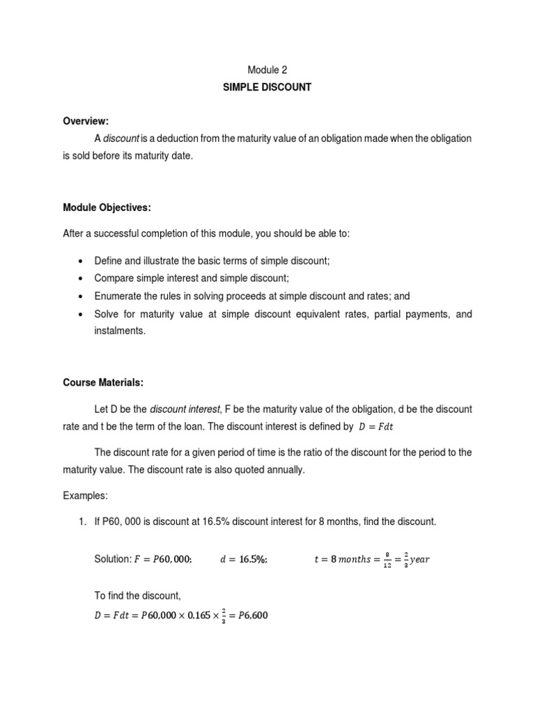 Module 2 Simple Discount | PDF | Interest | Present Value Module 2 Simple Discount | PDF | Interest | Present Value
