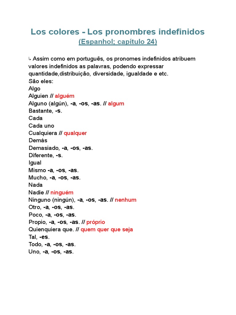 Los Colores - Los Pronombres Indefinidos | PDF | Estudos de Línguas ...