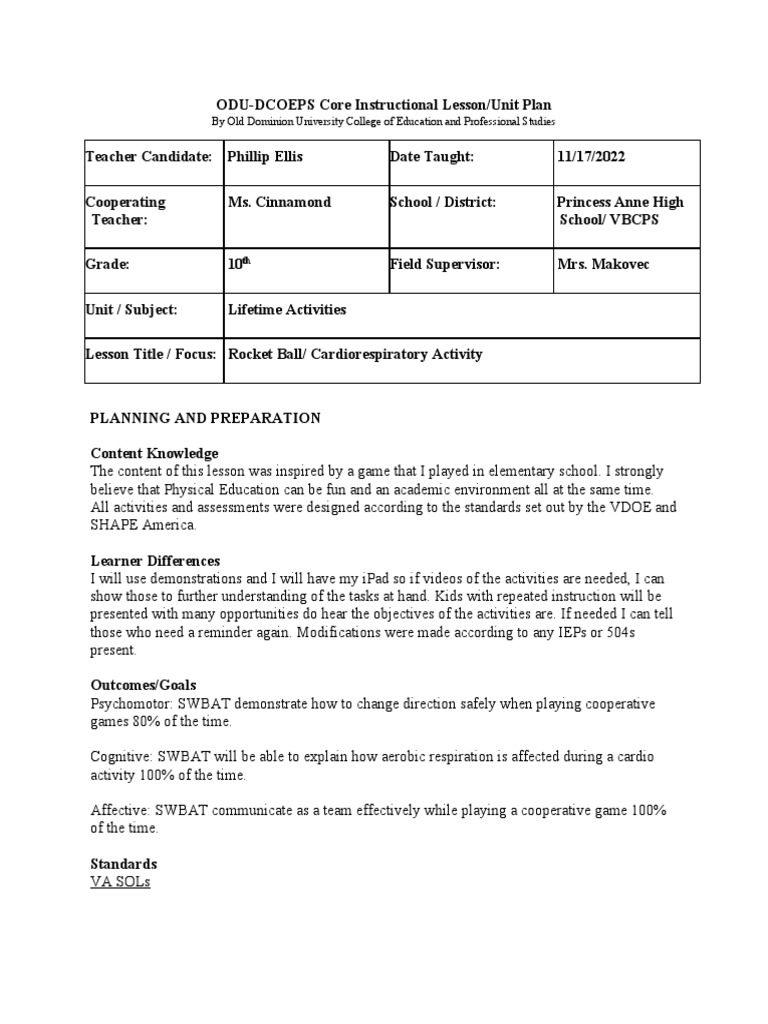 Rocket Ball Lesson Plan for PE | PDF | Aerobic Exercise | Learning