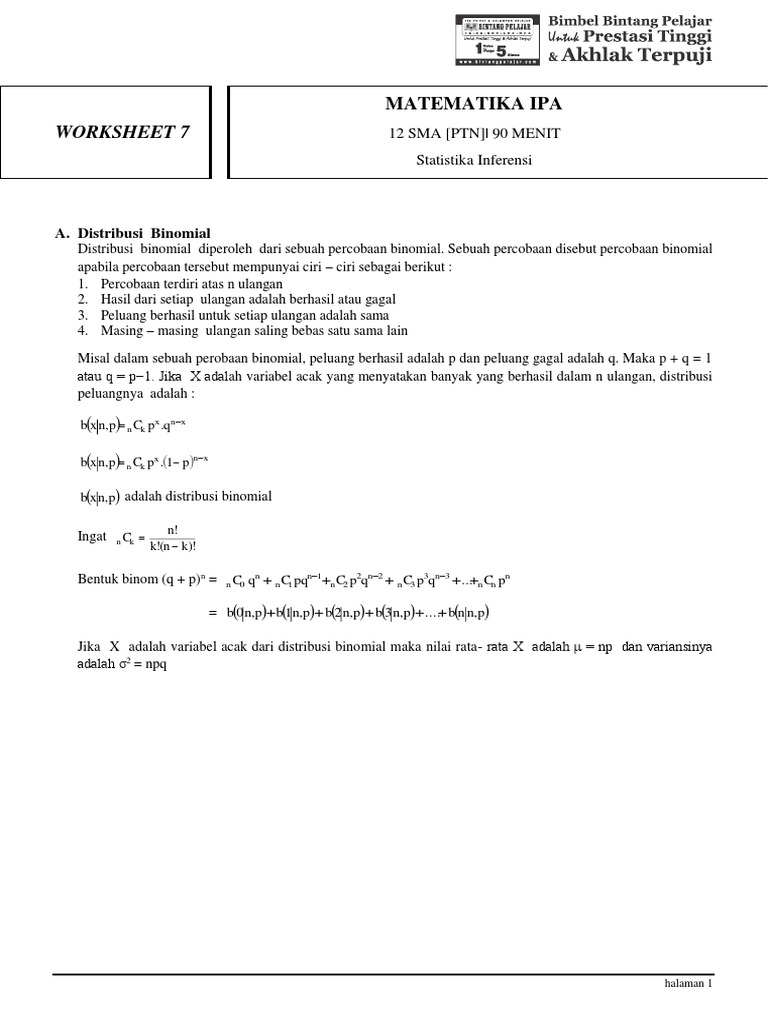 Matematika IPA - 12 SMA PTN Worksheet 7 (Statistika Inferens) (Layout ...