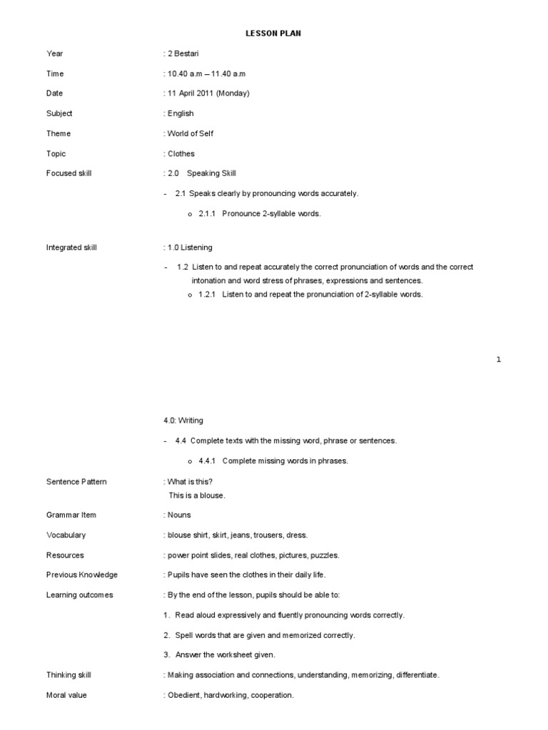Lesson Plan Clothes | PDF | Lesson Plan | English Language