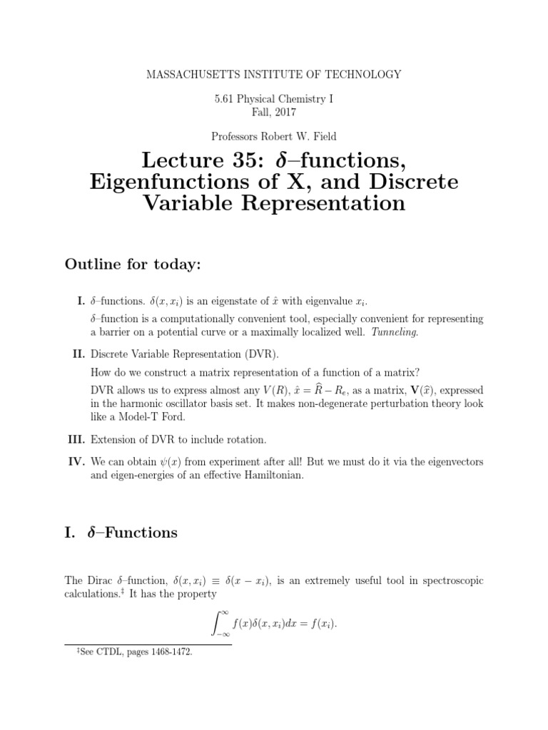 Lecture 35: δ-functions, Eigenfunctions of X, and Discrete Variable Representation | PDF ...