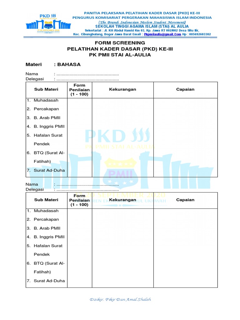 Formulir Evaluasi Pelatihan Kader Dasar (PKD) Ke-III PK PMII STAI Al ...