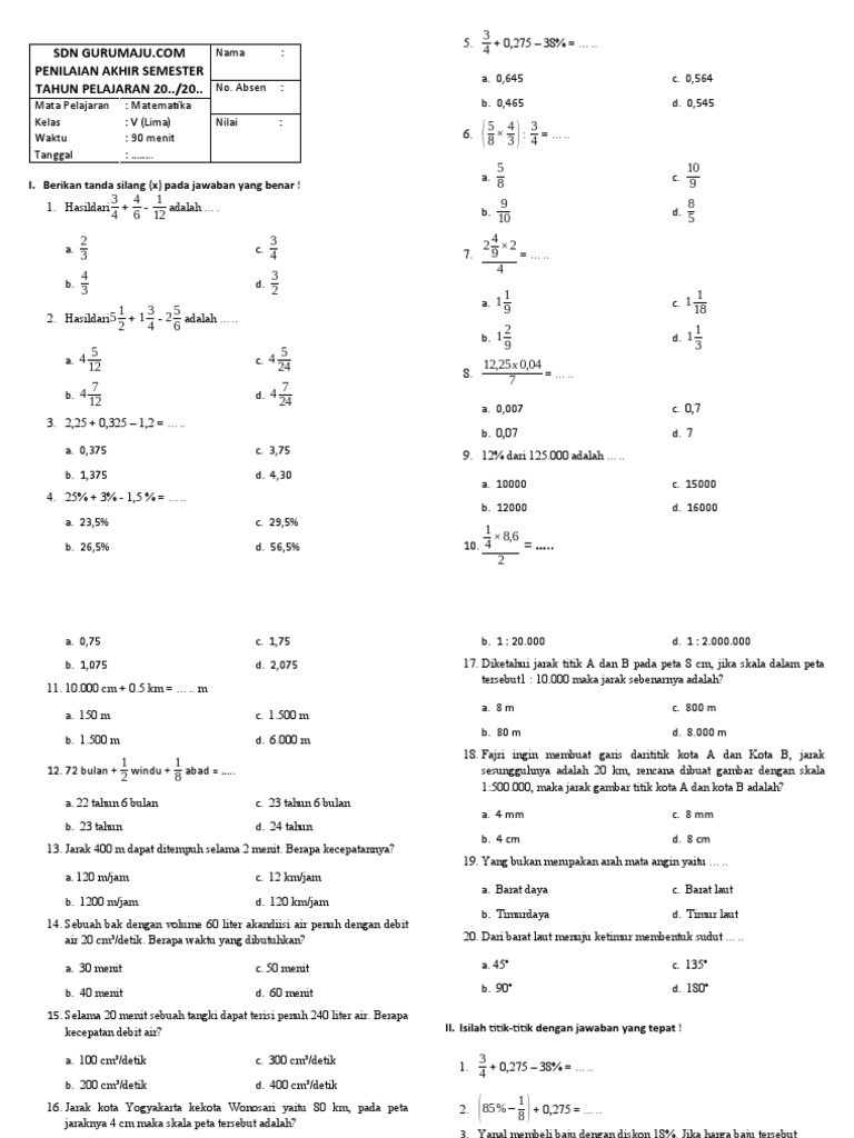 SOAL PAS MTK KLS 5 Semester 1 K-13 | PDF