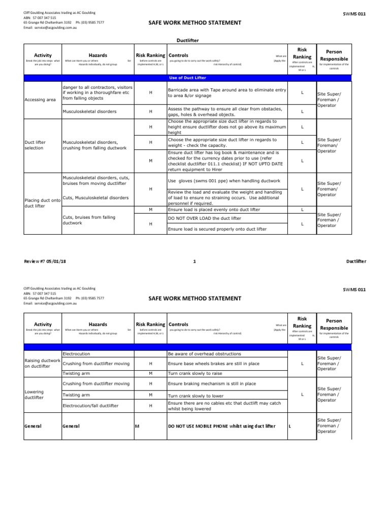 011 Duct Lifter SWMS | Download Free PDF | Duct (Flow) | Working Conditions