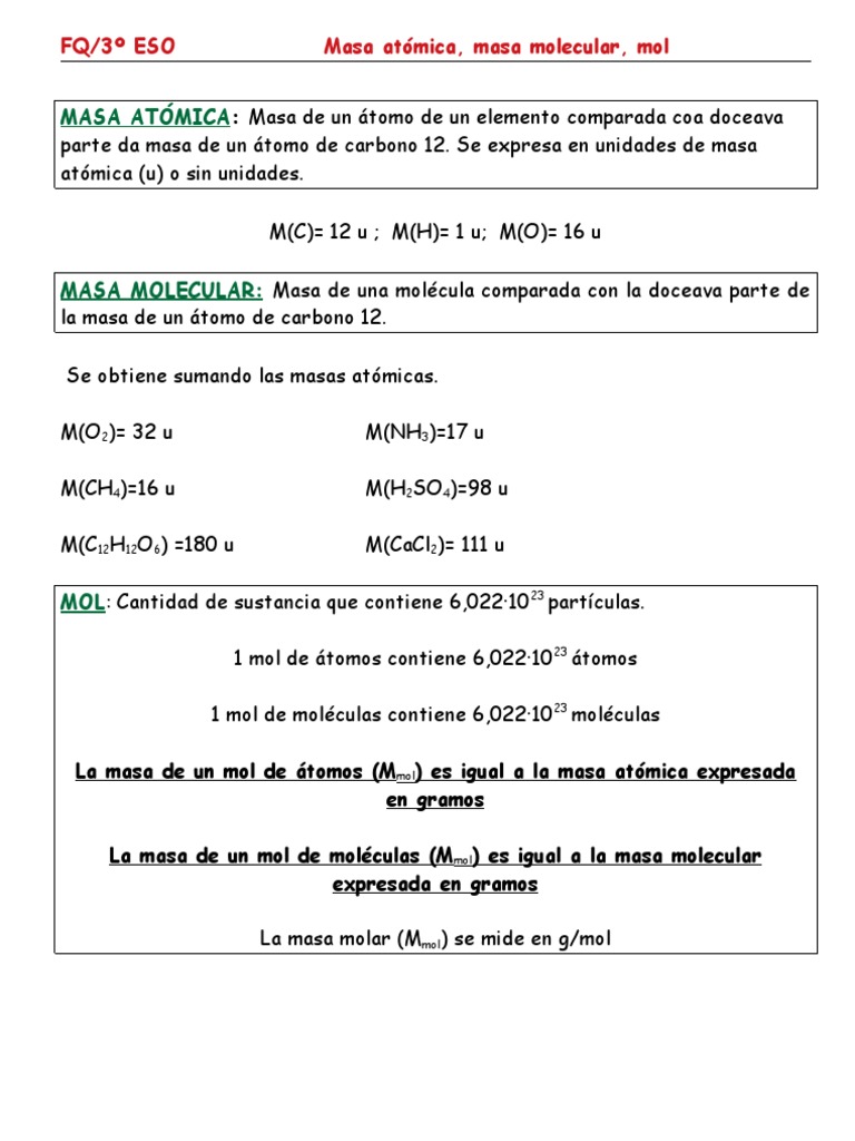 RESUMEN Y EJERCICIOS (Masa Atómica, Molecular y Mol) | PDF | Mole (Unidad) | Naturaleza