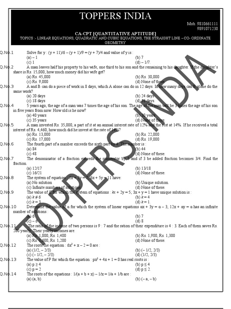 CA CPT Quantitative Aptitude Questions | PDF | Fraction (Mathematics ...