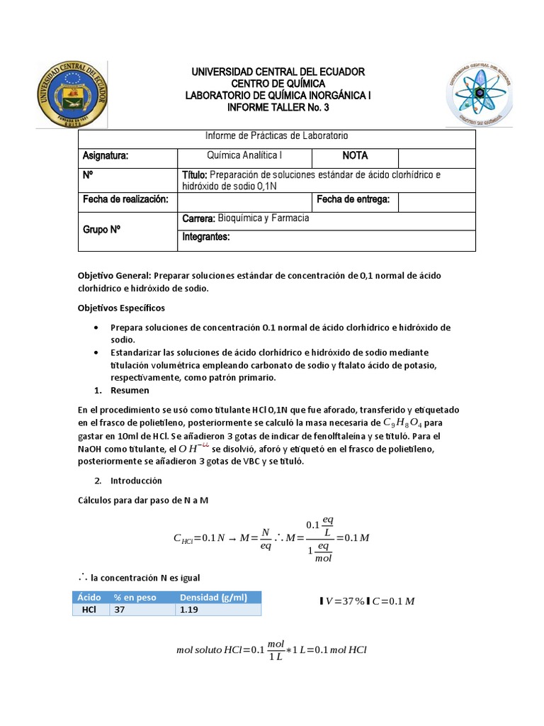 Informe 1 Preparación de Soluciones Estándar de Ácido Clorhídrico e Hidróxido de Sodio 0,1N ...