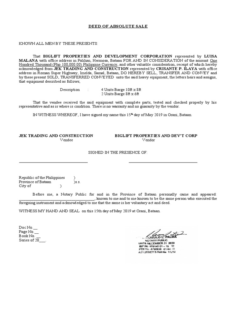 DEED OF ABSOLUTE SALE - Equipment | PDF | Deed | Real Estate