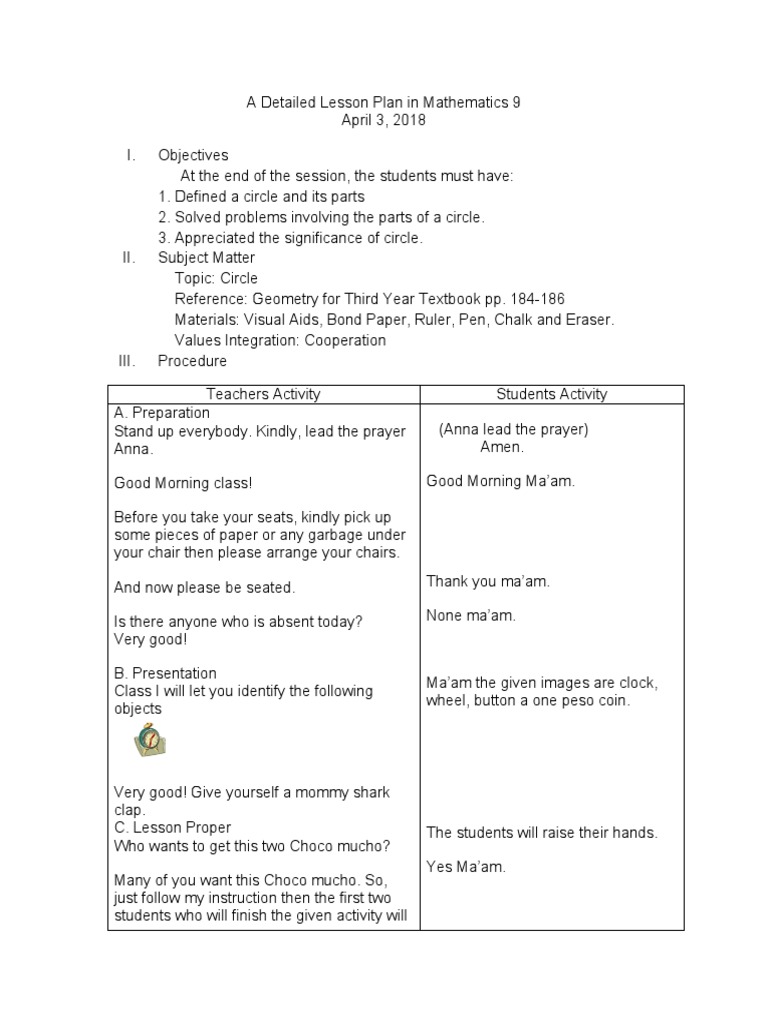 Circle Lesson Plan for Grade 9 | PDF | Circle | Radius