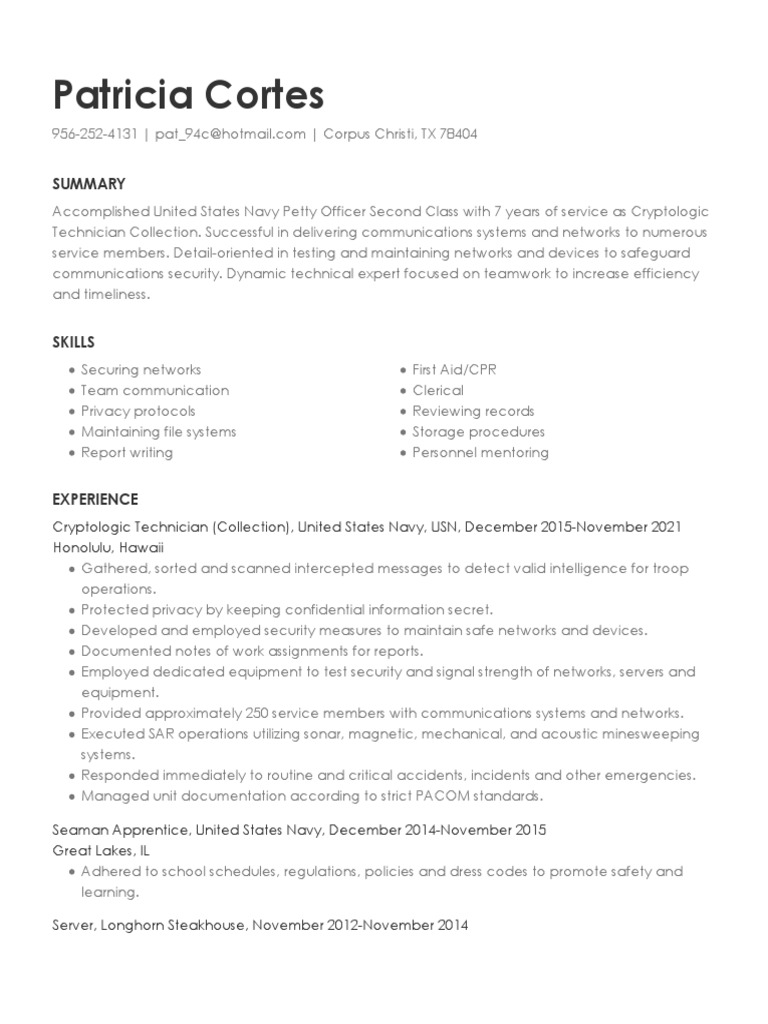 patricia cortes resume | PDF | United States Navy | Cryptography