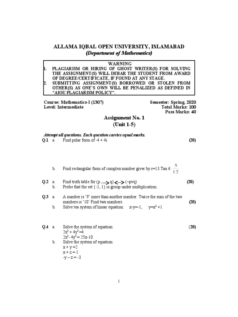 Allama Iqbal Open University, Islamabad: (Department of Mathematics ...