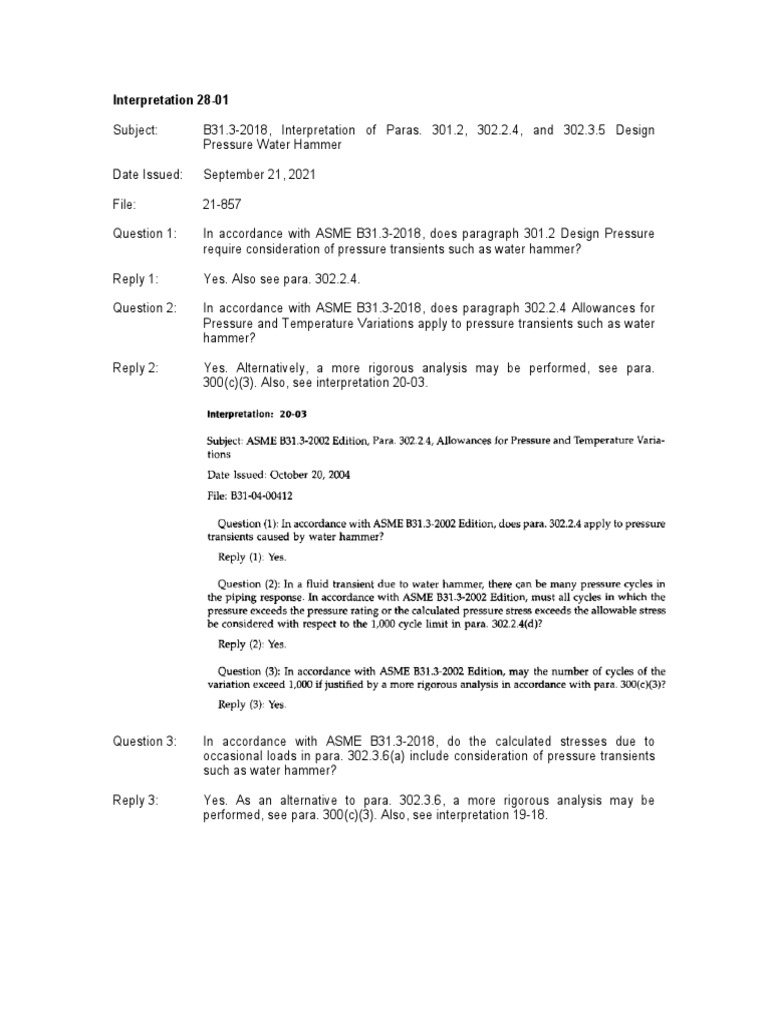Interpretations Regarding ASME B31 3 Code Requirements For Design