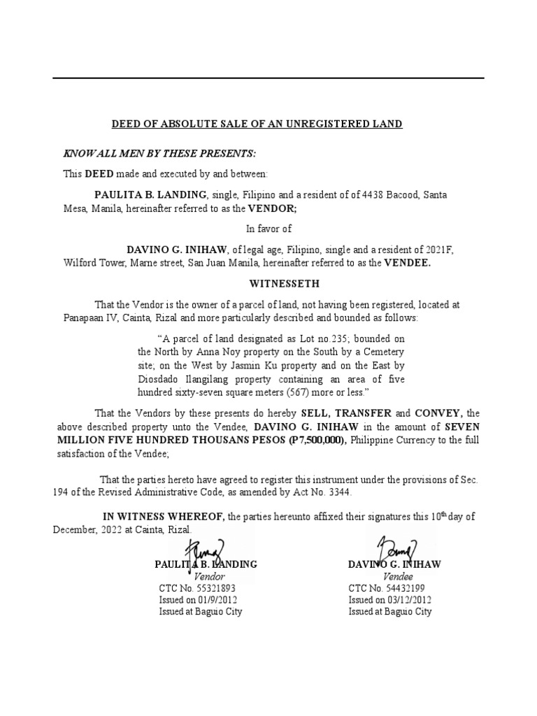 Sale of an Unregistered Parcel of Land in Cainta, Rizal from Paulita B ... Sale of an Unregistered Parcel of Land in Cainta, Rizal from Paulita B ...