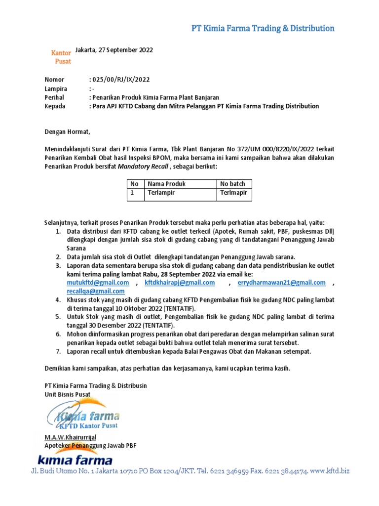 Surat Penarikan Produk Obat PT Kimia Farma Plant Banjaran.,-1 | PDF