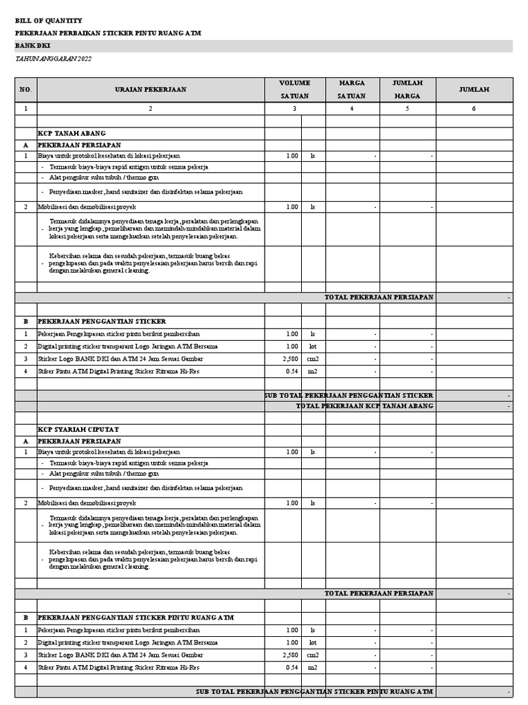 Boq Sticker Pintu Atm KCP Tanah Abang Dan Syariah Ciputat | PDF