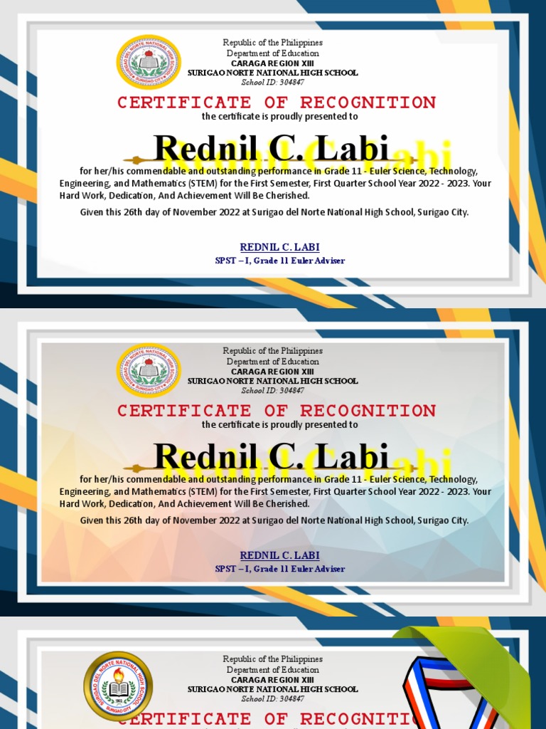 Grade 11 STEM Certificate of Recognition | PDF