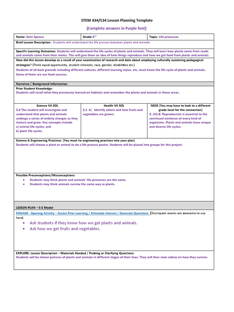 Stem 434 Lesson Plan Draft 2 - Kelci Spence | PDF | Learning | Plants