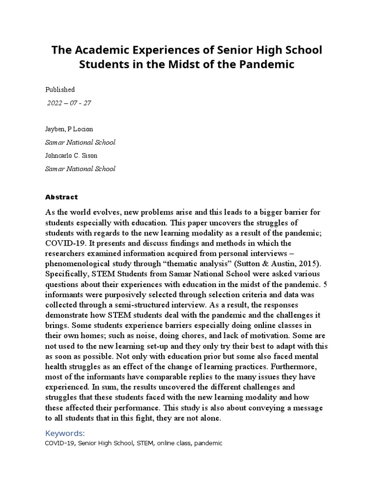 The Academic Experiences of Senior High School Students in The Midst of ...