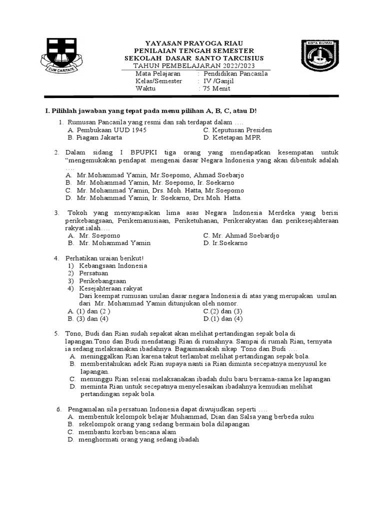 Soal PTS Pend - Pancasila Kls 4 Baru | PDF