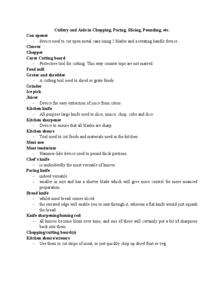 FOOD PROCESSING - Cutlery and Aids in Chopping | PDF