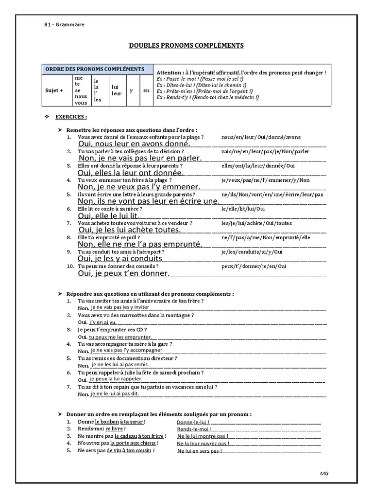 Exercices sur les doubles pronoms | PDF | Études des langues étrangères