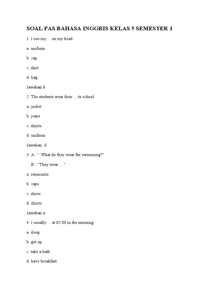 Soal Pas Bahasa Inggris Kelas 5 Semester 1 | PDF