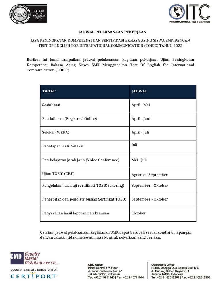 Jadwal Pelaksanaan Pekerjaan TOEIC 2022 | PDF