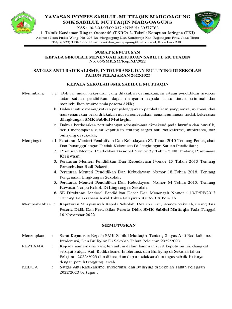 SK Satgas Anti Radikalisme, Intoleransi, Dan Bullying Di Sekolah | PDF