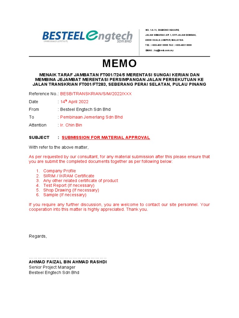 XXX - 220414 - Tajuk Outgoing Memo To Subcon | PDF