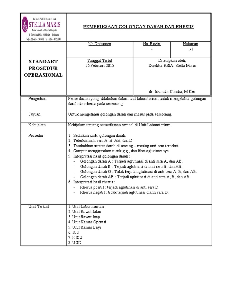 Sop Pemeriksaan Golongan Darah Dan Rhesus | PDF