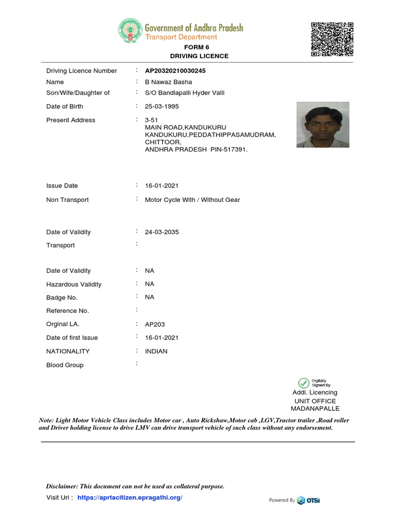 Form 6 Driving Licence Details AP | PDF