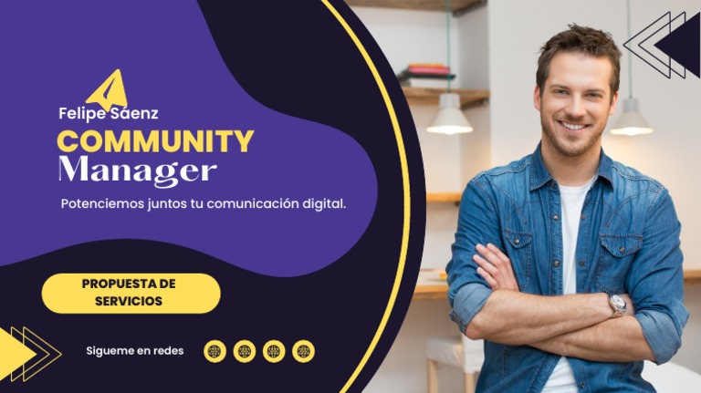 Presentación de Servicios Community Manager Geometrico Divertido Amarillo y Azul | PDF