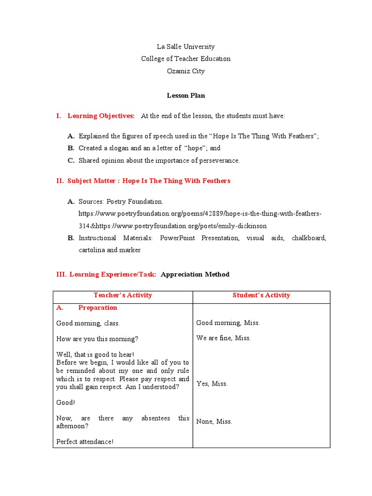 Lesson Plan: Dickinson's Hope Poem | PDF | Emily Dickinson | Poetry