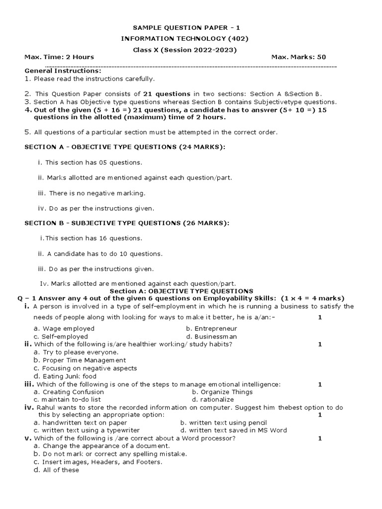 Sample Paper 1 Grade 10 | PDF | Databases | Spreadsheet