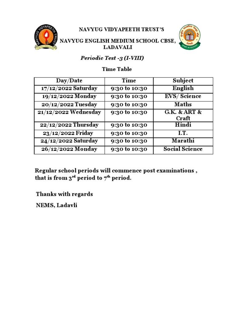 Periodic Test 3 Time Table For Grade 1st To 8th | PDF