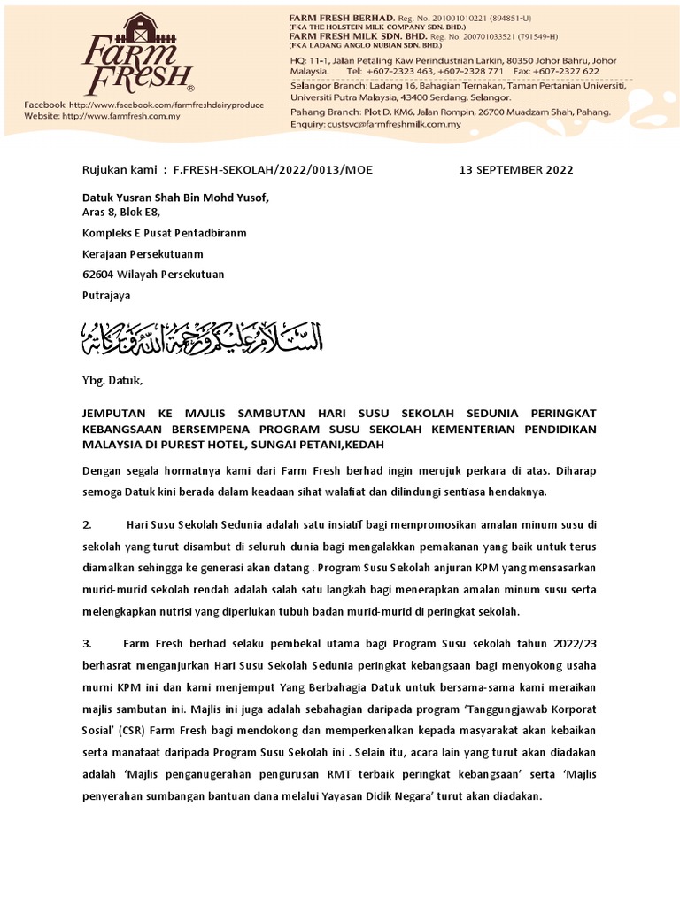 Surat Jemputan Ksu KPM Hari Susu Sekolah Sedunia | PDF