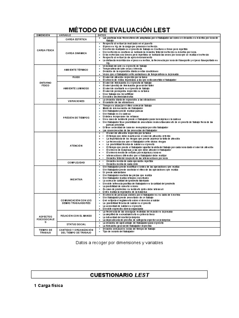 Evaluación ergonómica de puestos de trabajo mediante el método LEST | PDF | Tiempo de trabajo ...