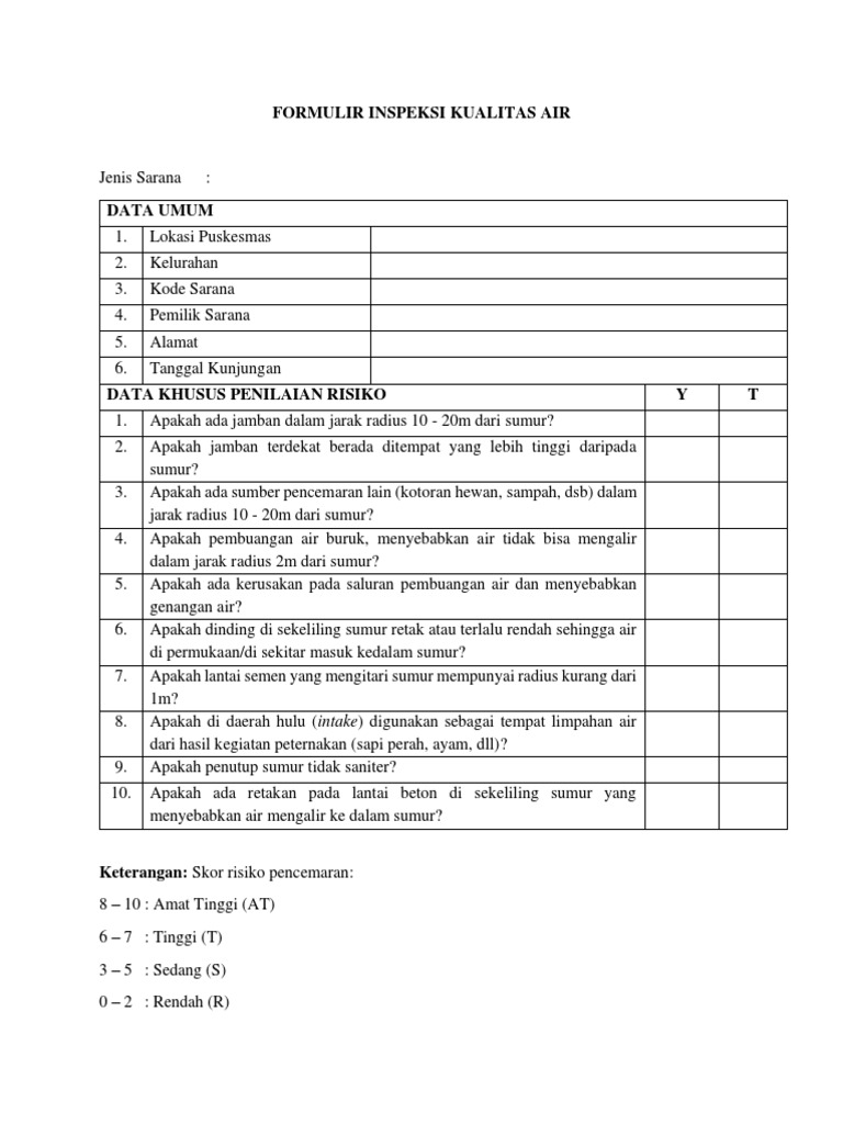 Formulir Inspeksi Kualitas Air | PDF