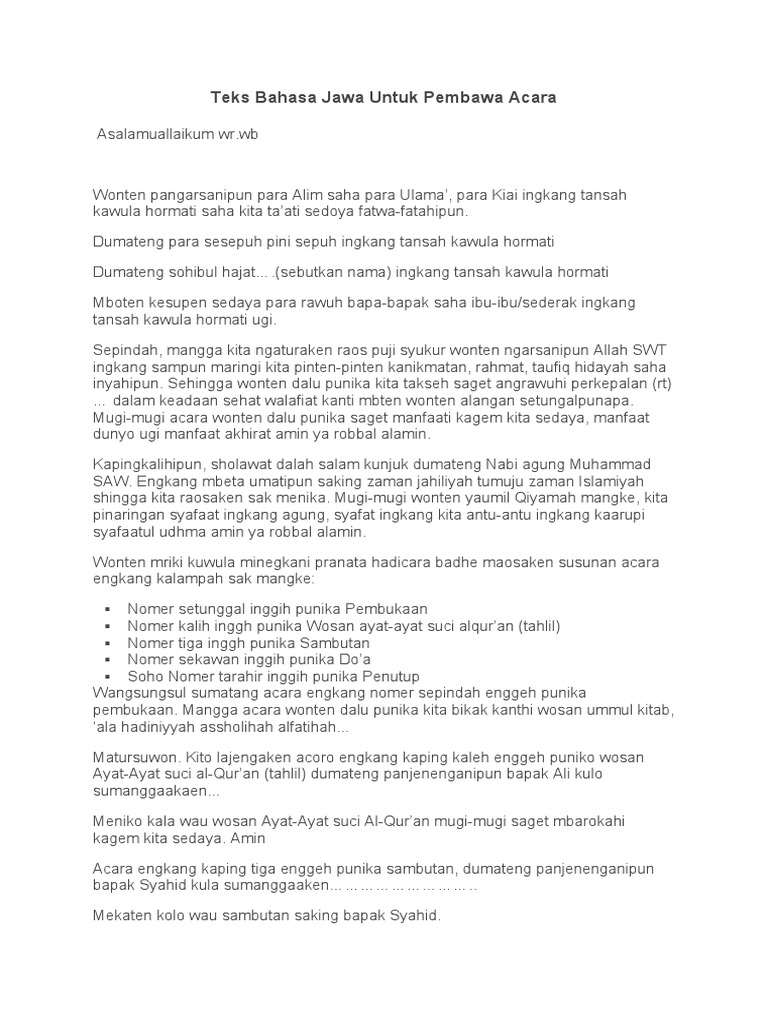 Teks Pembawa Acara Bahasa Jawa | PDF