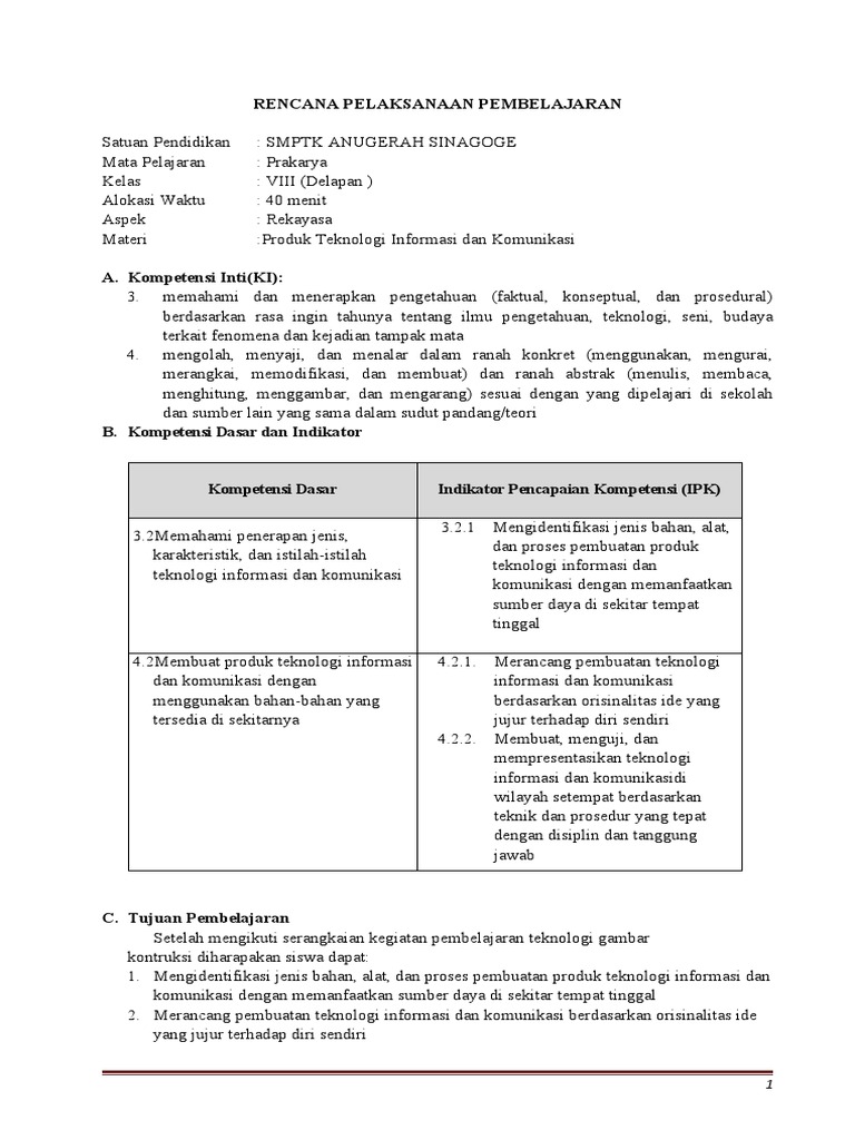 RPP Prakarya Kelas VIII: Rekayasa | PDF