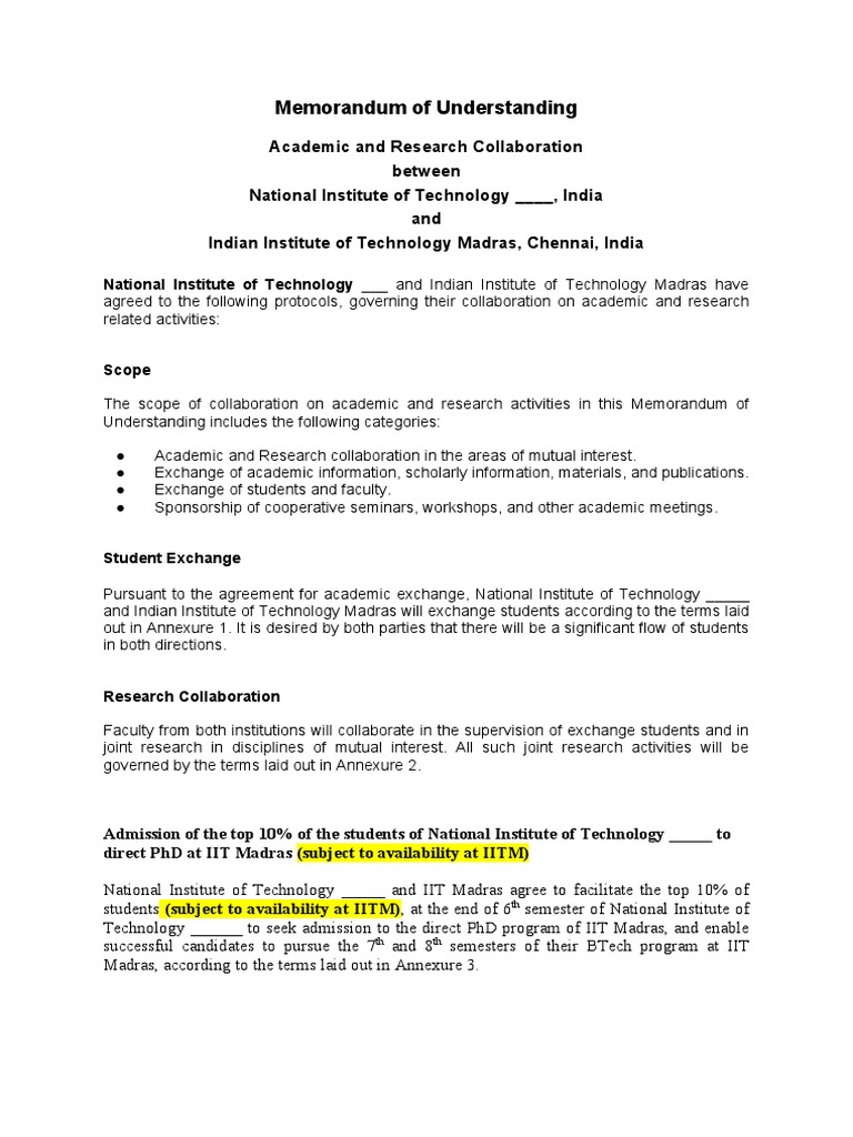 IITM-NIT Draft MoU | PDF | Doctor Of Philosophy
