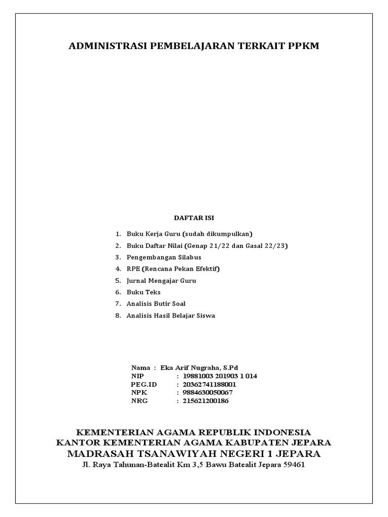 Cover Administrasi Pembelajaran Terkait PPKM | PDF