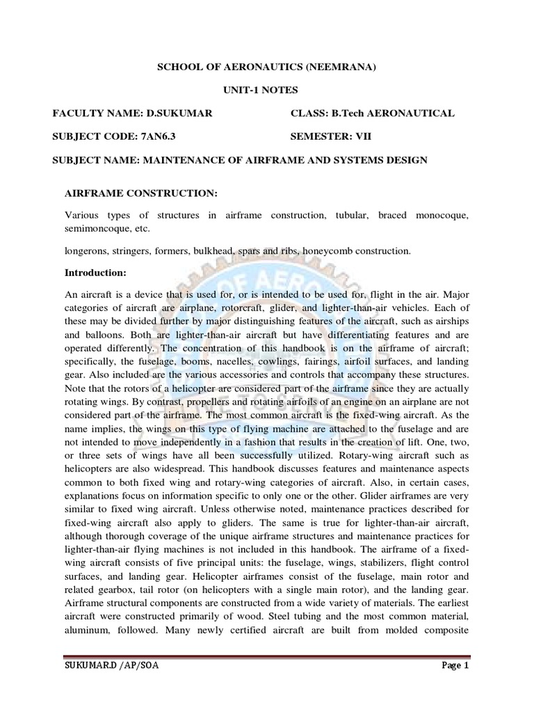 7an6.3 Maintenance of Airframe and Systems Design Unit I&ii | PDF ...
