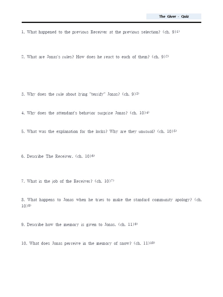 The Giver Summary & Quiz - ch9-11 | PDF | The Giver | Memory
