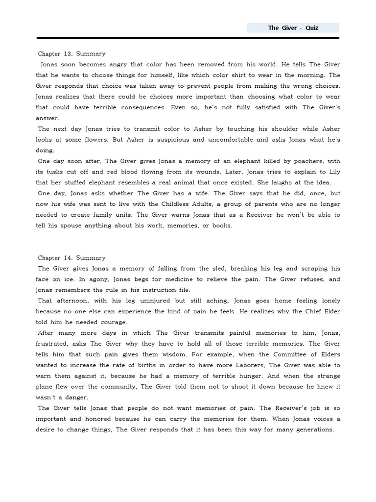 The Giver summary & quiz - ch13-17 | PDF | The Giver