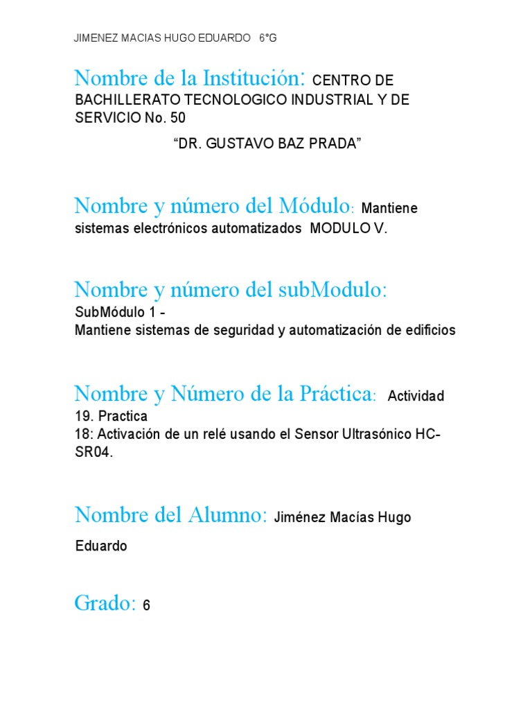 Practica 19 Ultrasonico Jmhe | PDF | Ultrasonido | Sensor