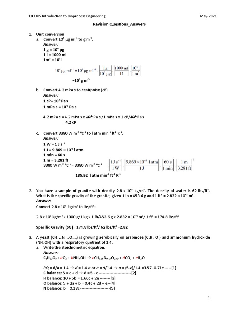 Bioprocess and Engeneering Revision Question | PDF | Mole (Unit) | Quantity