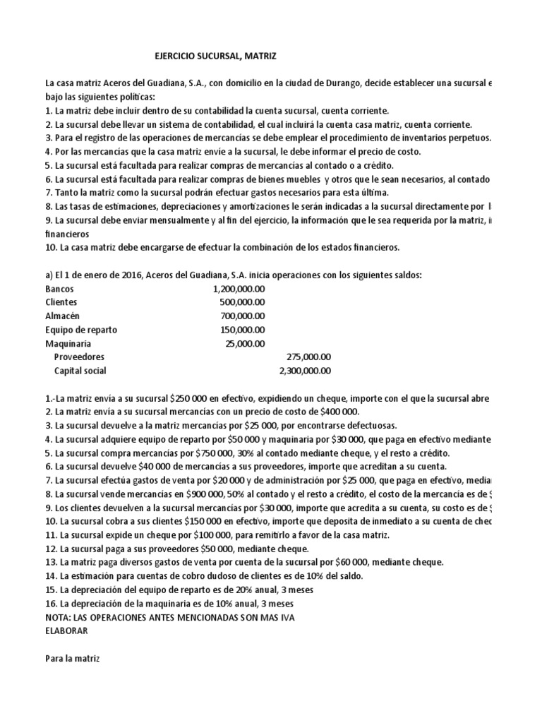 Ejercicio Sucursal y Matriz | PDF | Cheque | Contabilidad
